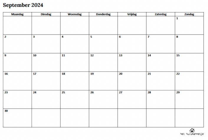 September 2024 kalender printen A4 | Het Huismannetje