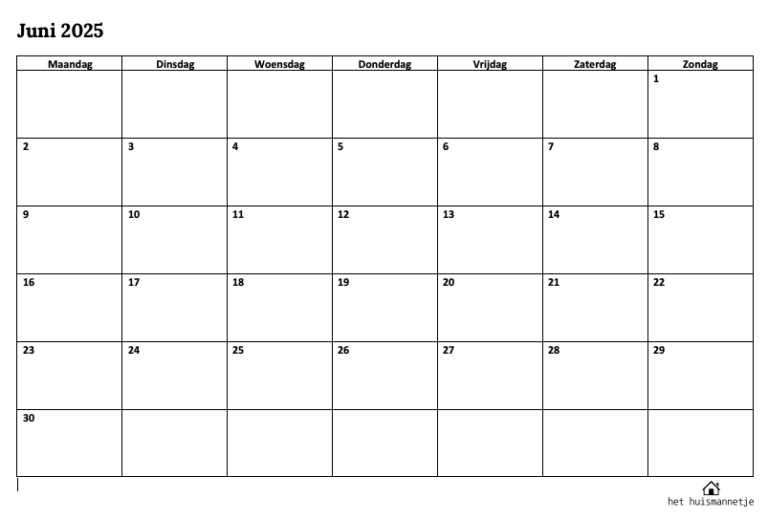 Juni 2025 kalender printen | Het Huismannetje